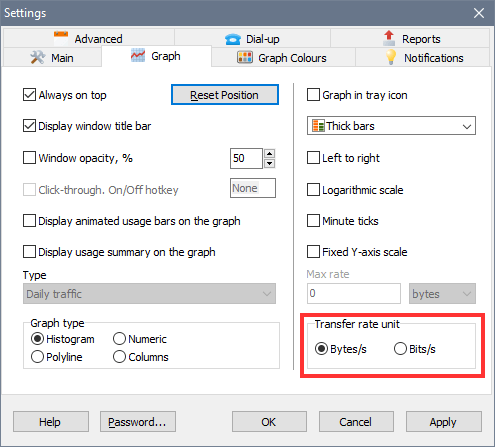 How to change data display from bytes to bits - NetWorx Help
